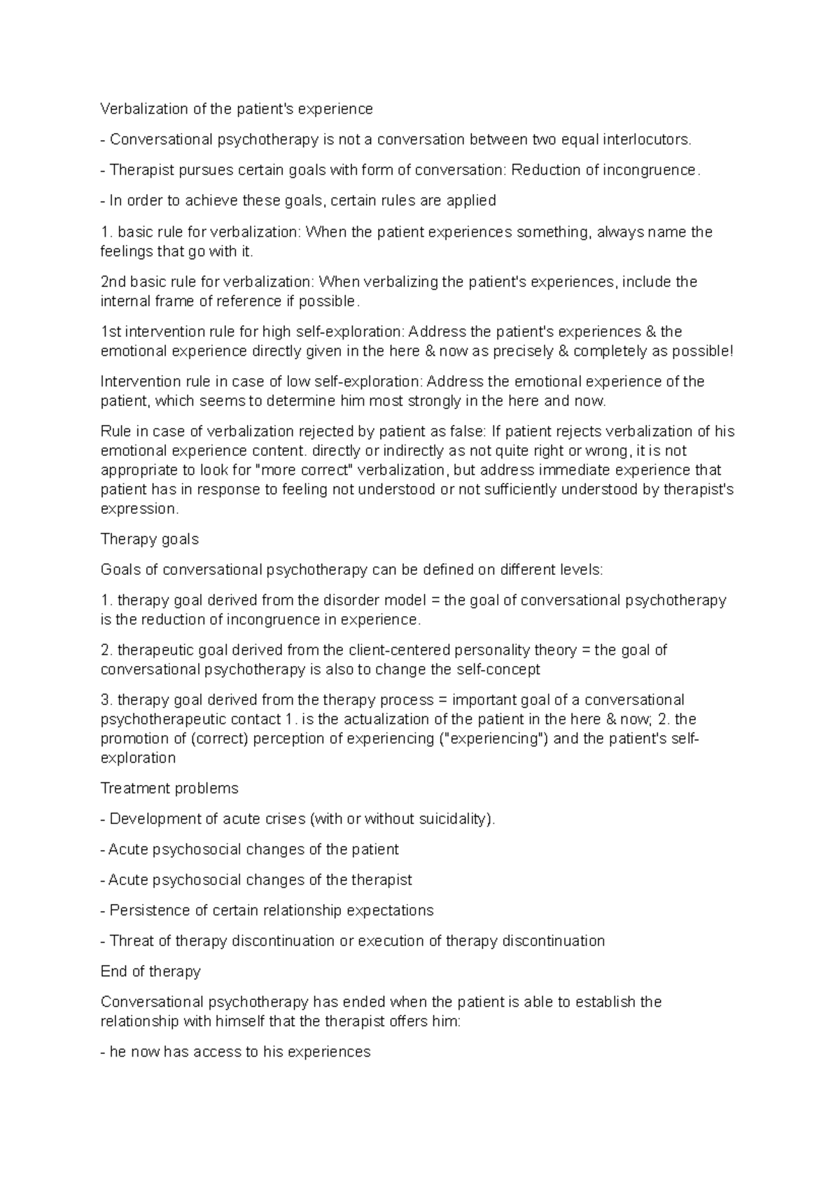 Verbalization of the patient - Therapist pursues certain goals with ...