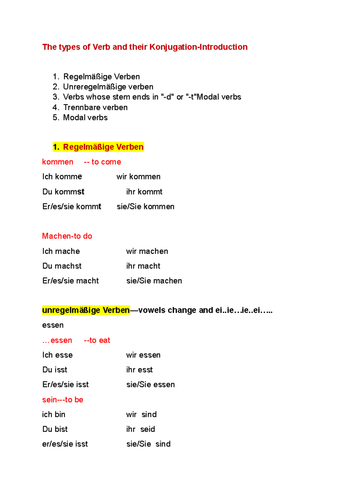 Verben - German Verbs Notes - Studocu