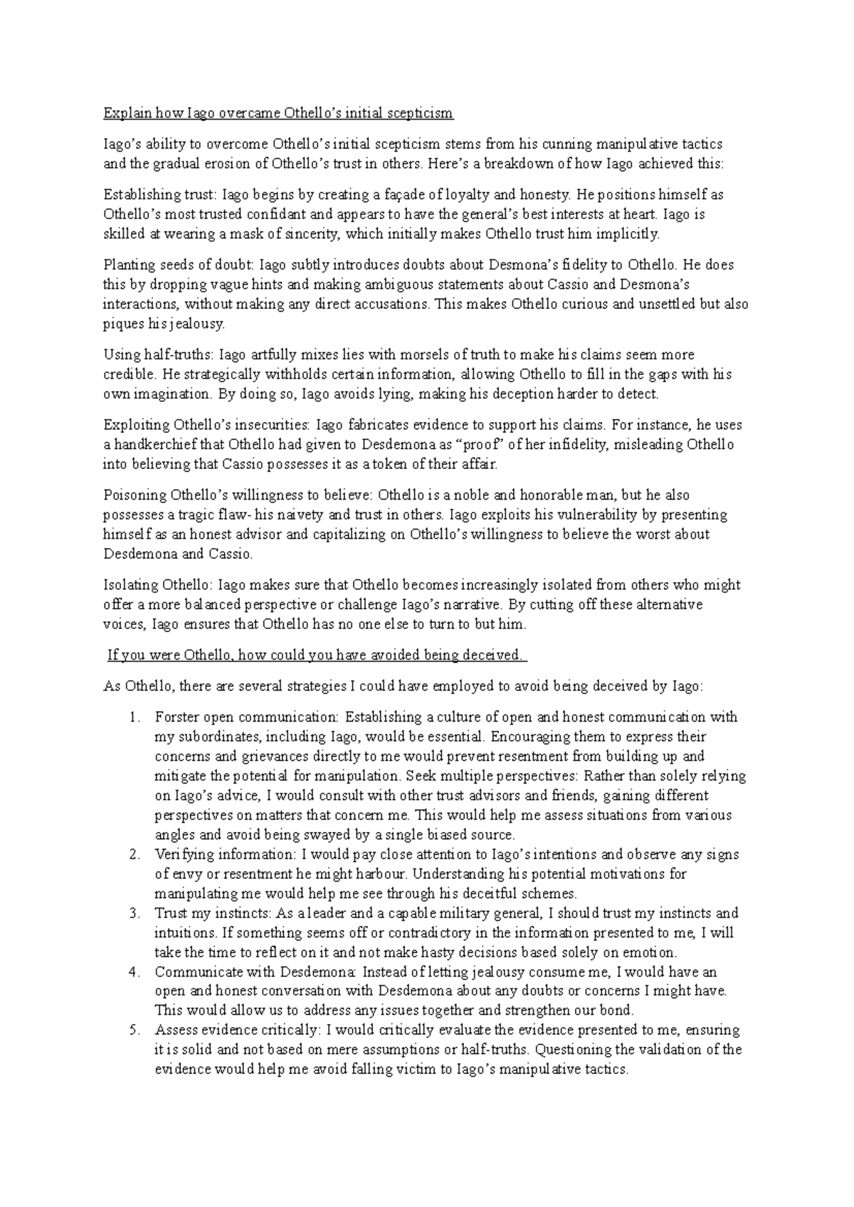 Othello - Explain how Iago overcame Othello’s initial scepticism Iago’s ...