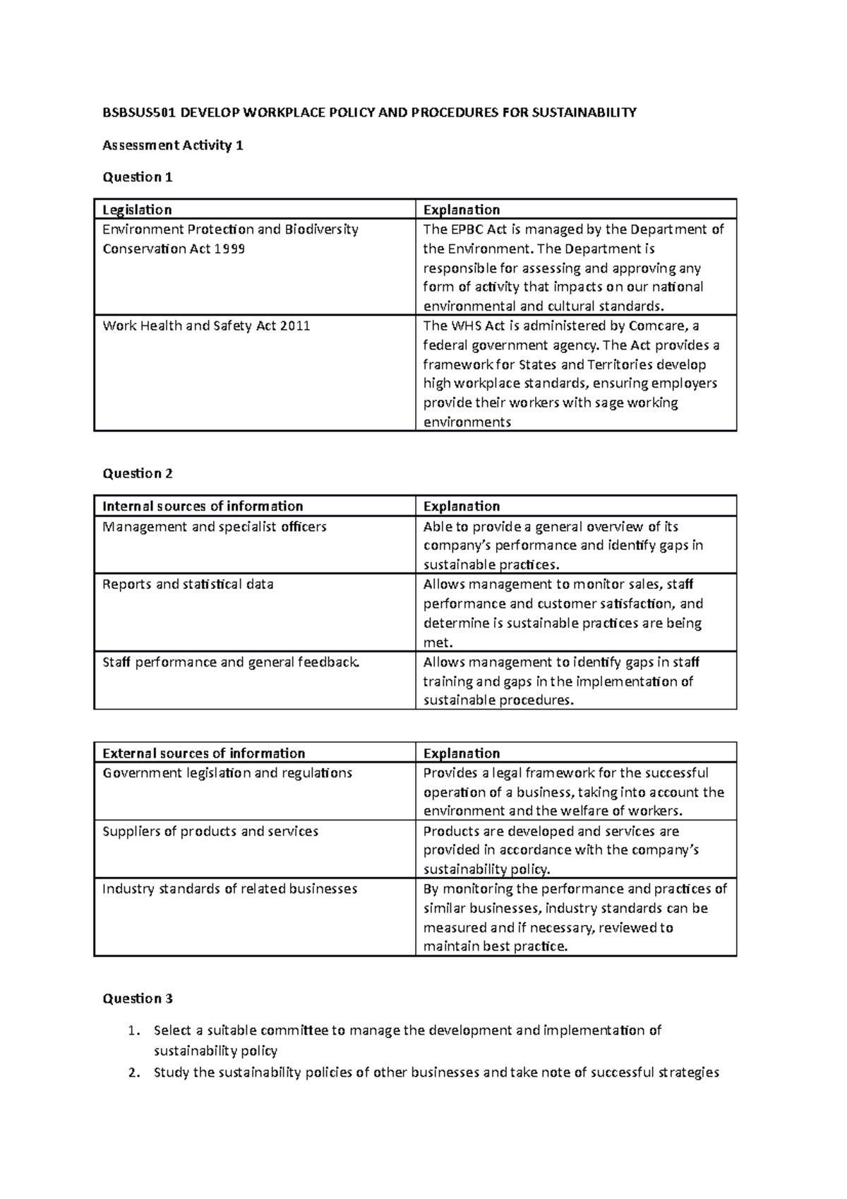 Bsbsus 501 Develop Workplace Policy AND Procedures FOR Sustainability ...
