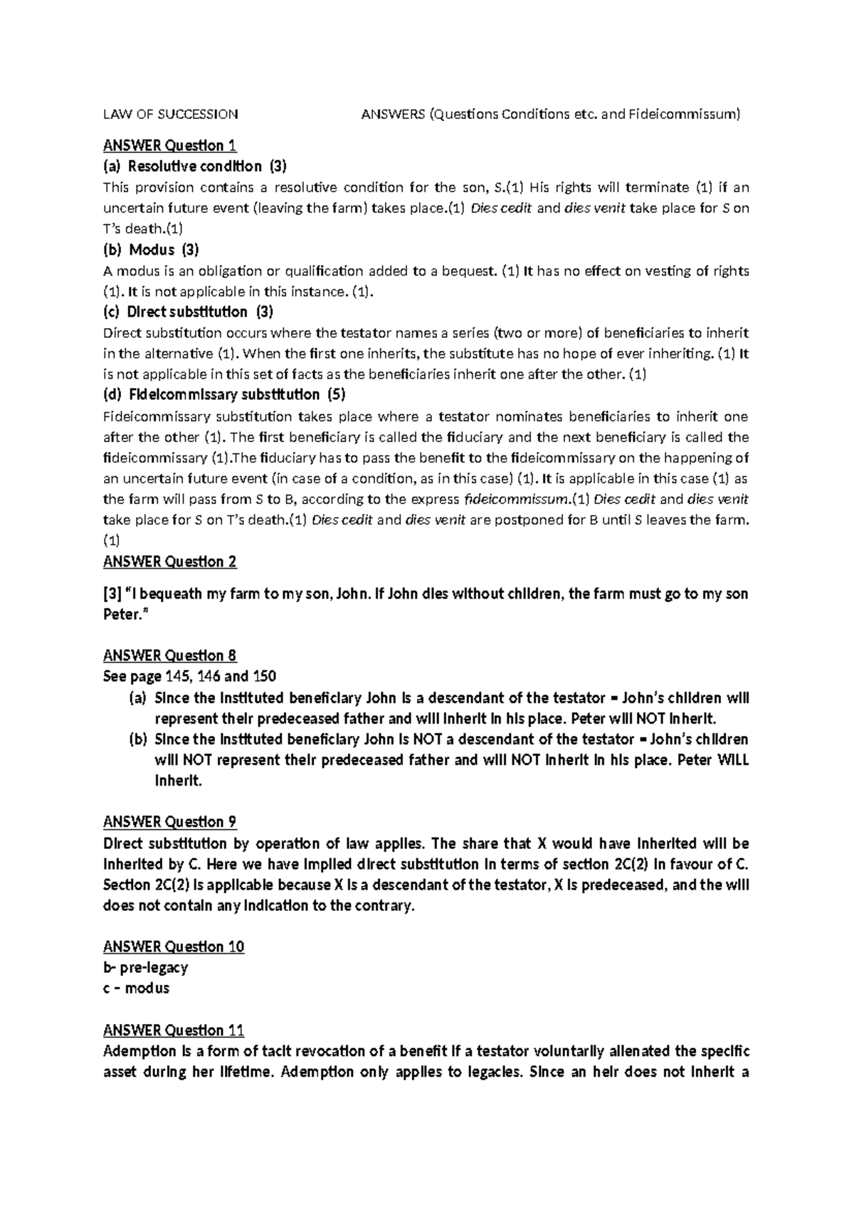 2020 Answers to Questions on Conditions and Fideicommissum - LAW OF ...