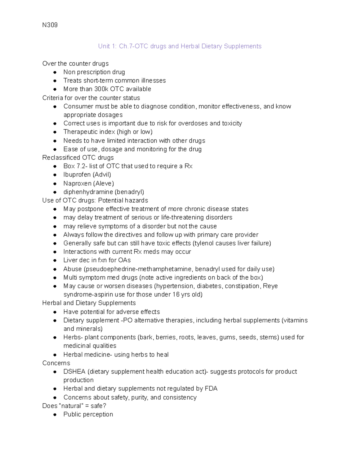 N309 OTC drugs and herbs - N Unit 1: Ch-OTC drugs and Herbal Dietary Supplements Over the ...