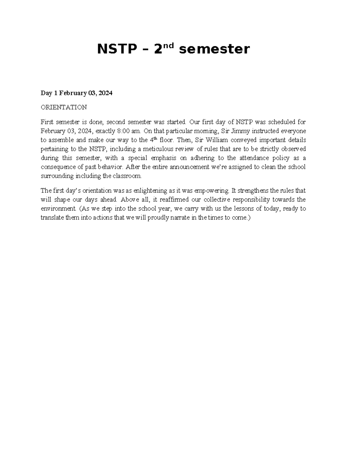 ..NSTP-2nd Semester - NSTP works - NSTP – 2 nd semester Day 1 February ...