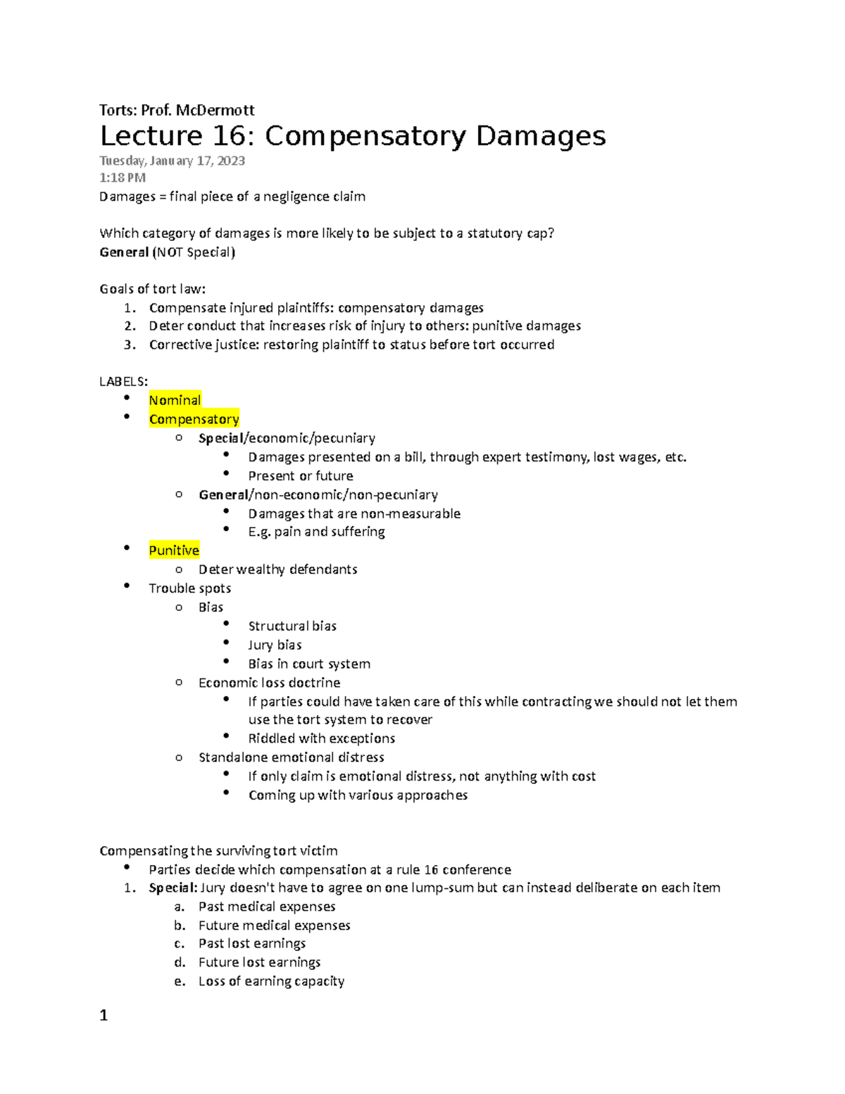 Torts Lecture 16- Compensatory Damages - Torts: Prof. McDermott Lecture ...