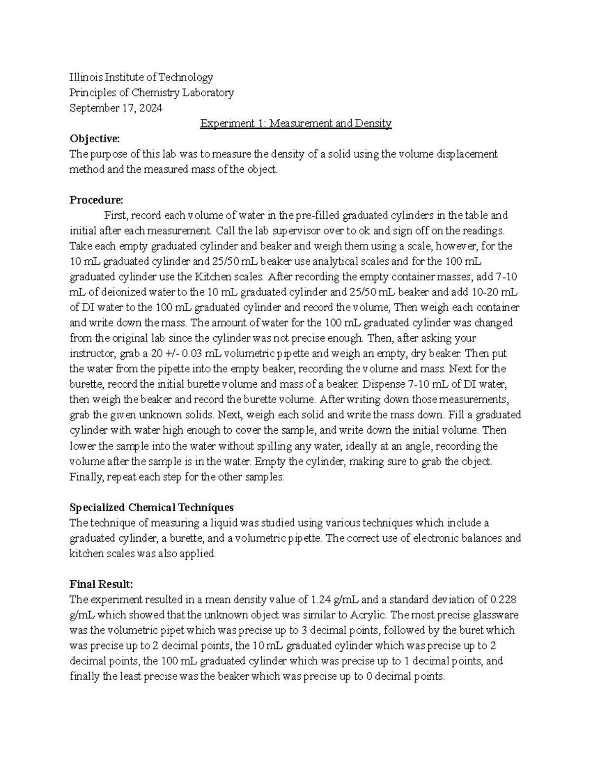 CHEM 124 LAB 1 - Measurement and Density Lab - Illinois Institute of ...