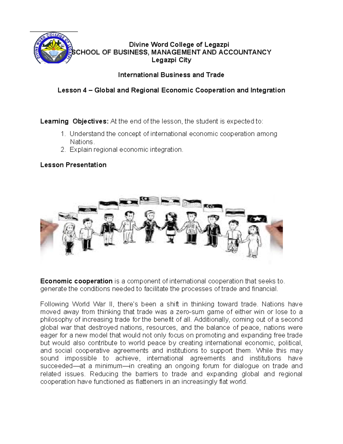 Lesson 4 Global AND Regional Economic Cooperation AND Integration ...