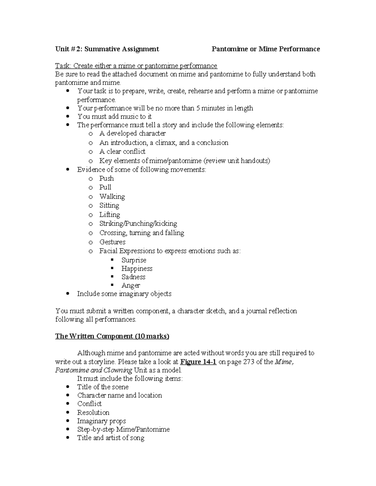 Summative Assignment for Unit # 2 Pantomime or Mime Performance 4 ...
