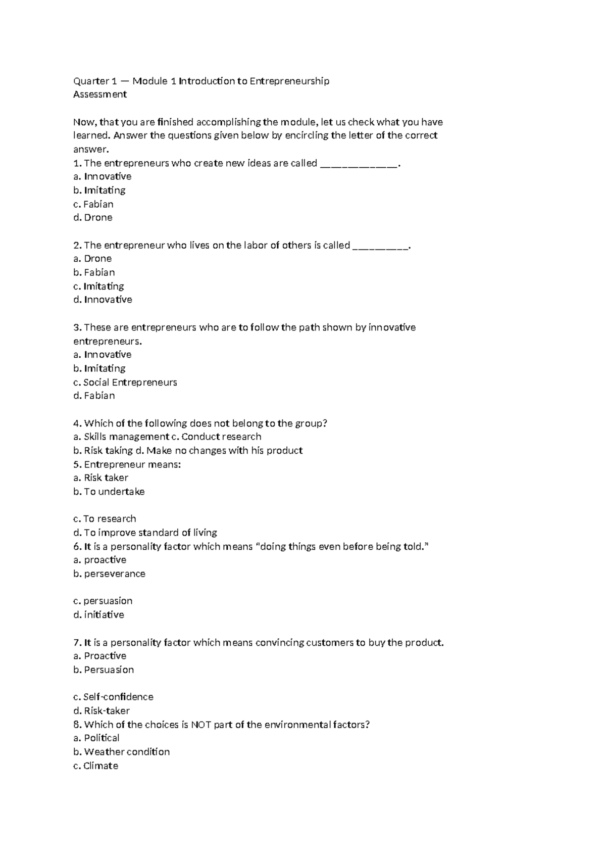 Entrep assessment - Quarter 1 — Module 1 Introduction to ...