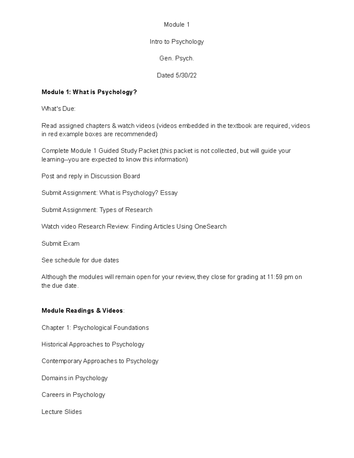 Module 1 - Intro to Psychology - Chapter outline and work guide - Intro ...