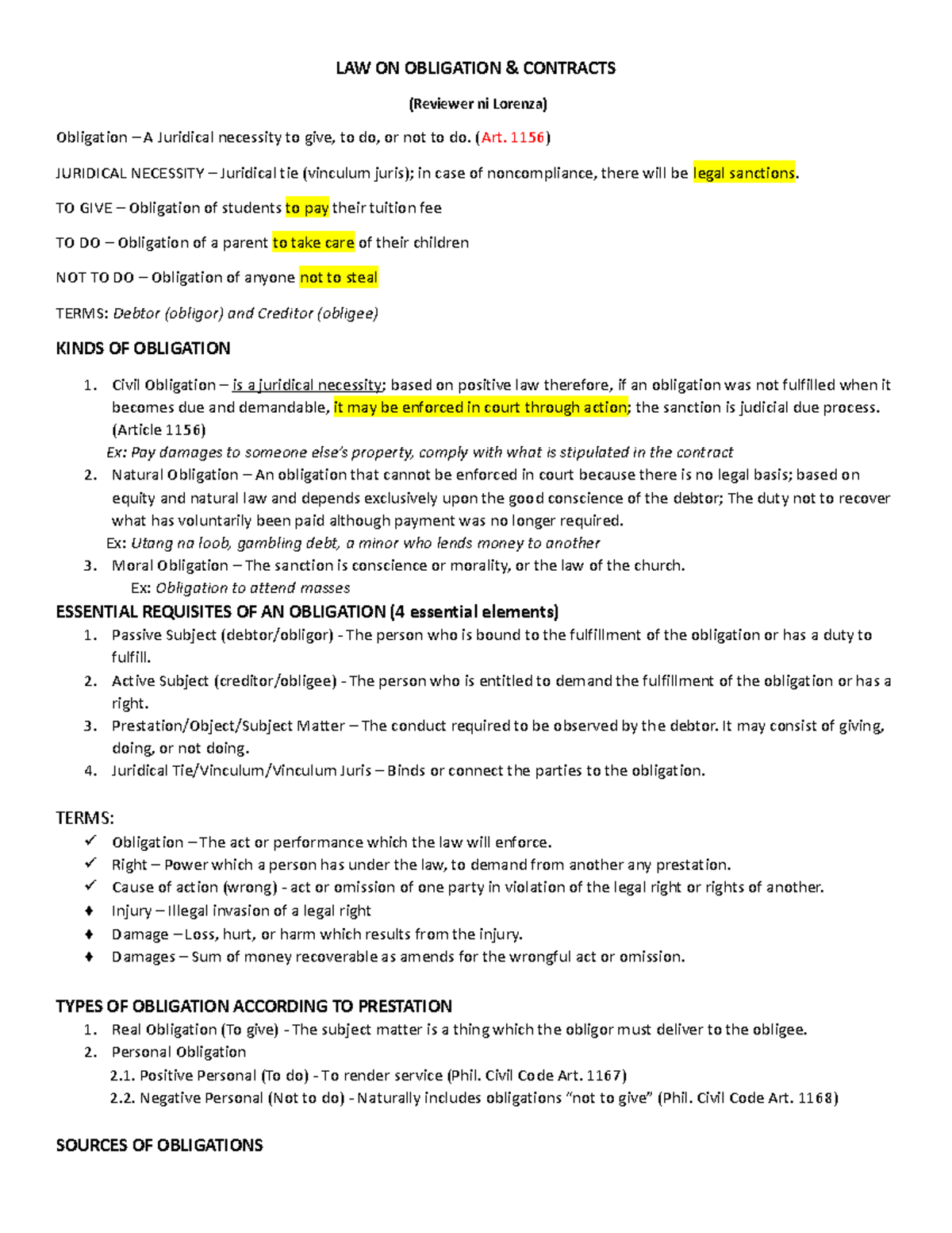 LAW ON Obligation Contracts - LAW ON OBLIGATION & CONTRACTS (Reviewer ni Lorenza) Obligation – A ...