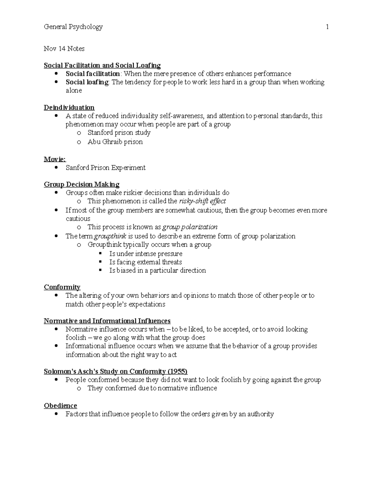 Psyc - Nov 14 Notes - General Psychology Nov 14 Notes Social ...