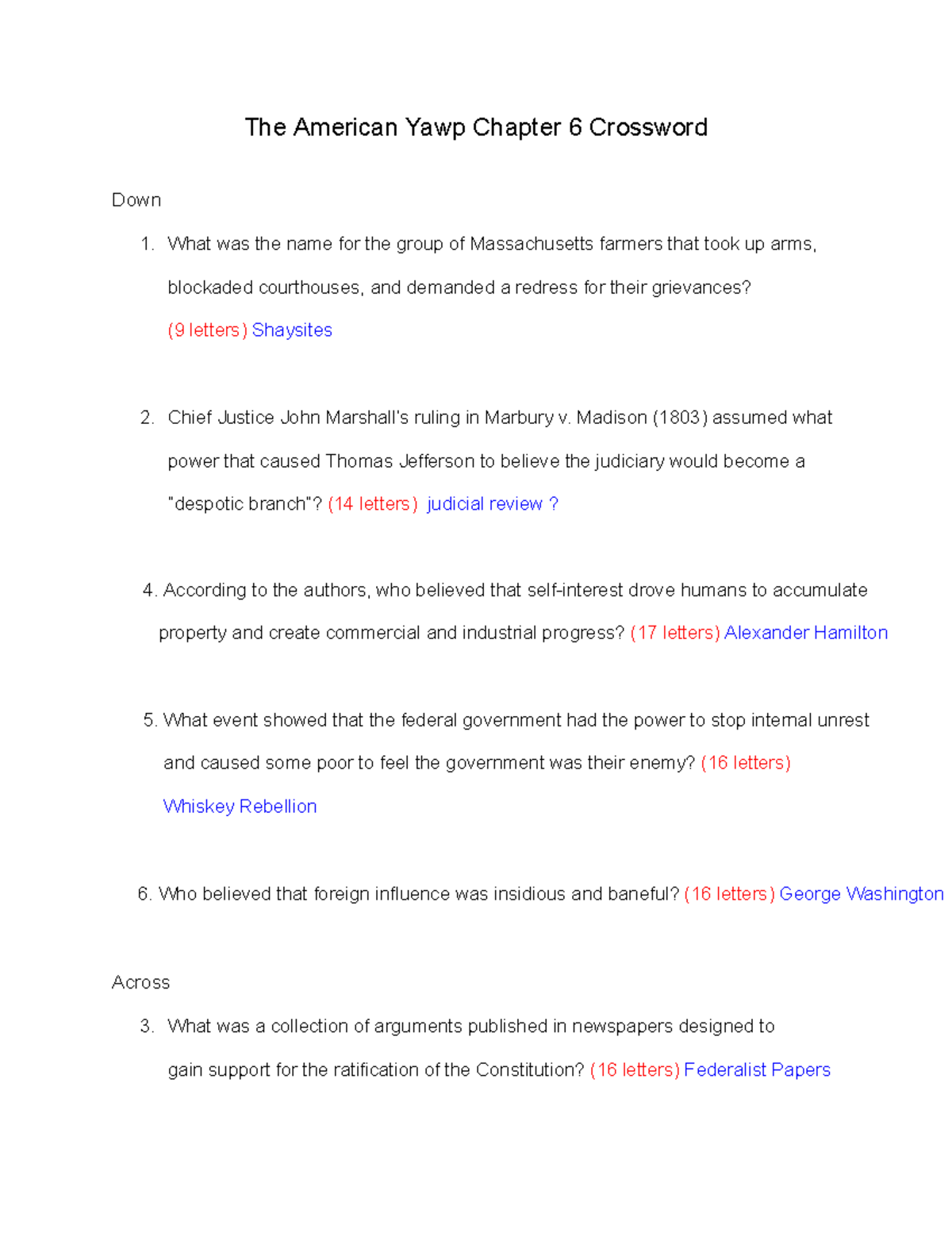 Chapter 6 - The American Yawp Chapter 6 Crossword Down What was the ...