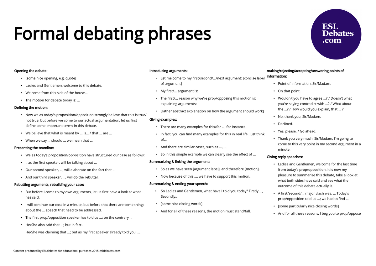 tips for debate - Formal debating phrases Opening the debate: [some ...