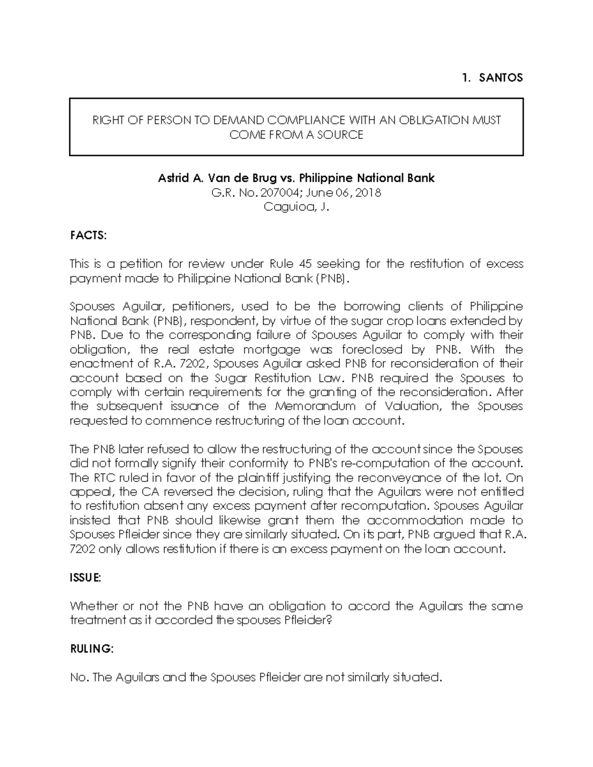 Sample CASE Digest - LECTURE - 1. SANTOS Astrid A. Van de Brug vs ...