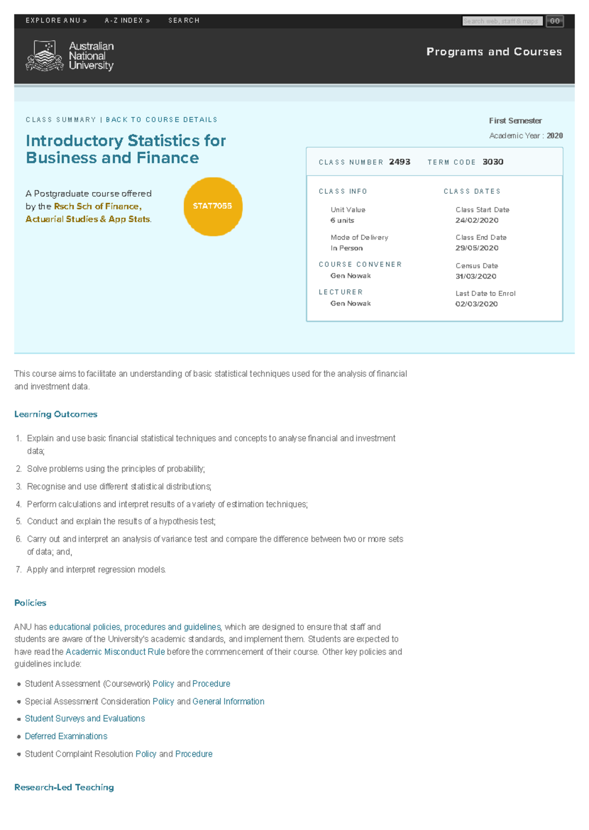 STAT7055 2020-S1 Class-Summary - Programs and Courses This course aims ...