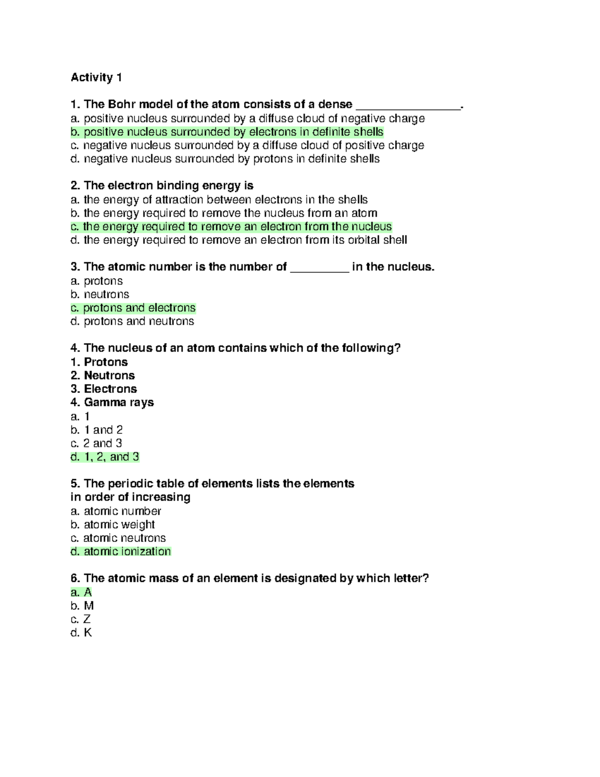 Chapter 1 Radiation Units Atoms and Atomic Structure - Activity 1 The ...
