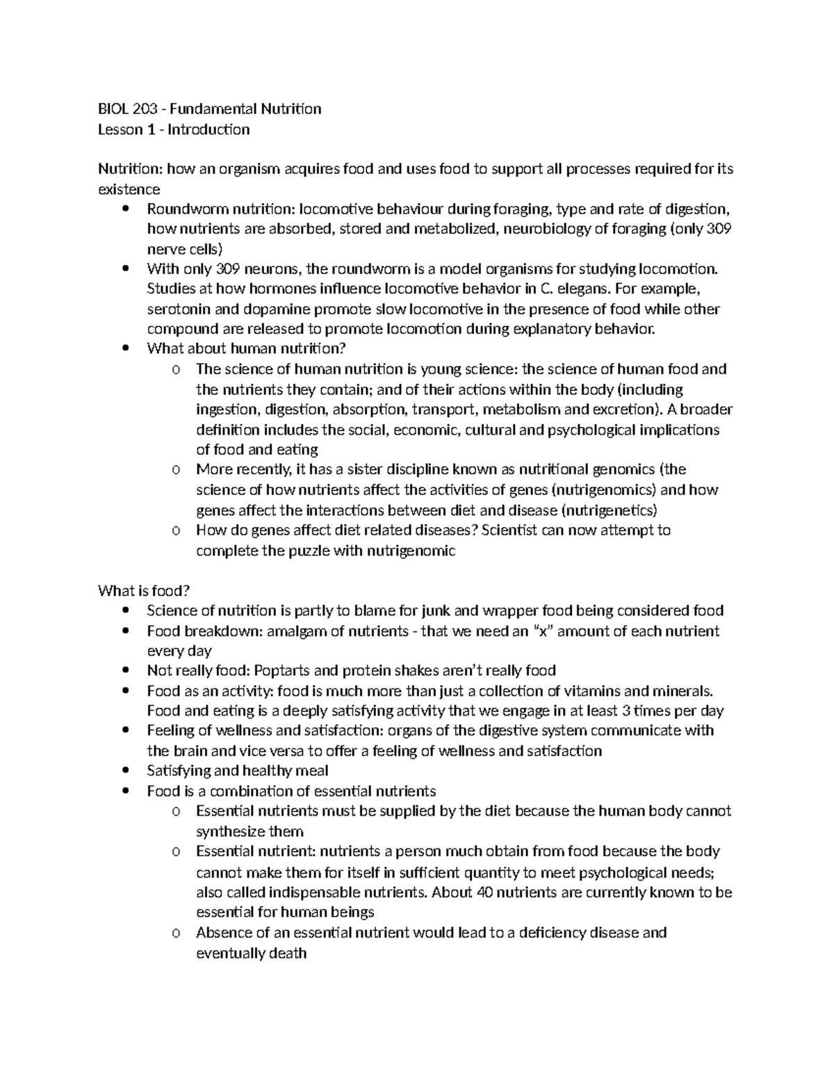 BIOL 203 Lectures - BIOL 203 - Fundamental Nutrition Lesson 1 ...