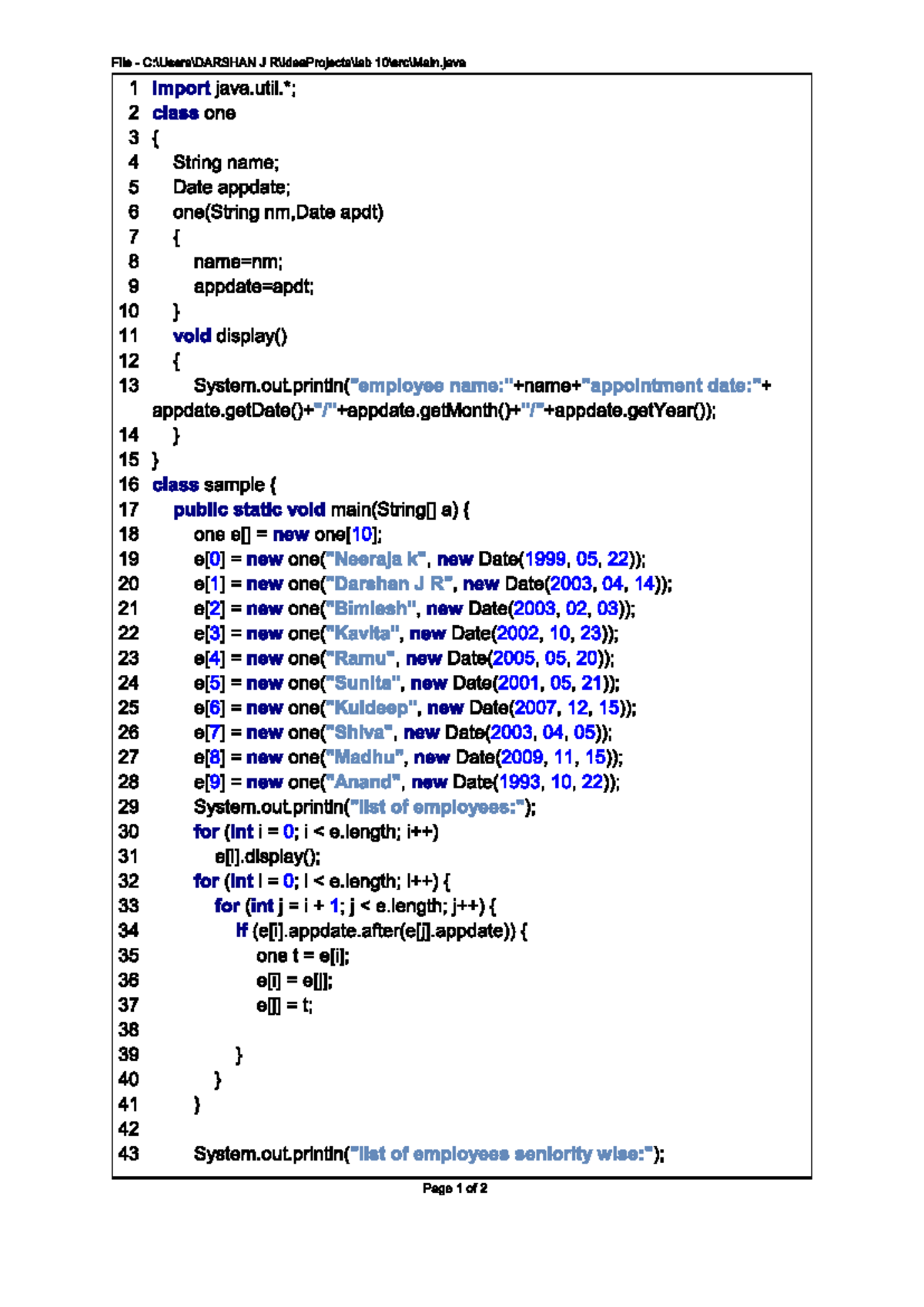 Lab 10 - LAB PROGRAMS - File J 1 import 2 class one 3 4 String 5 Date 6 one(String nm,Date apdt ...