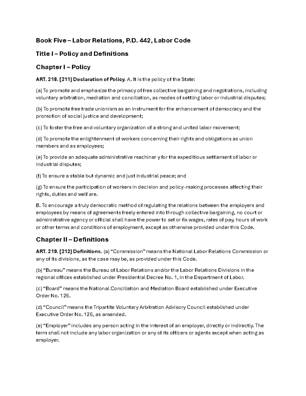Labor CODE BOOK V art 218-292 - Book Five – Labor Relations, P. 442 ...