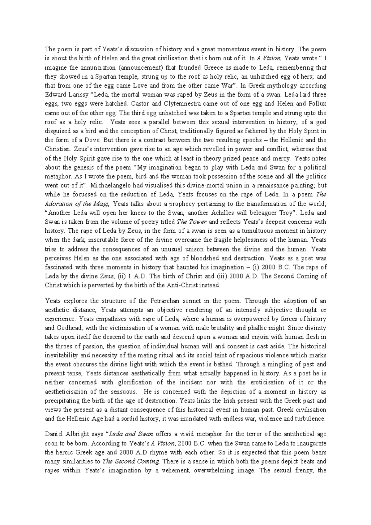 Leda and Swan - notes - The poem is part of Yeats’s discussion of ...