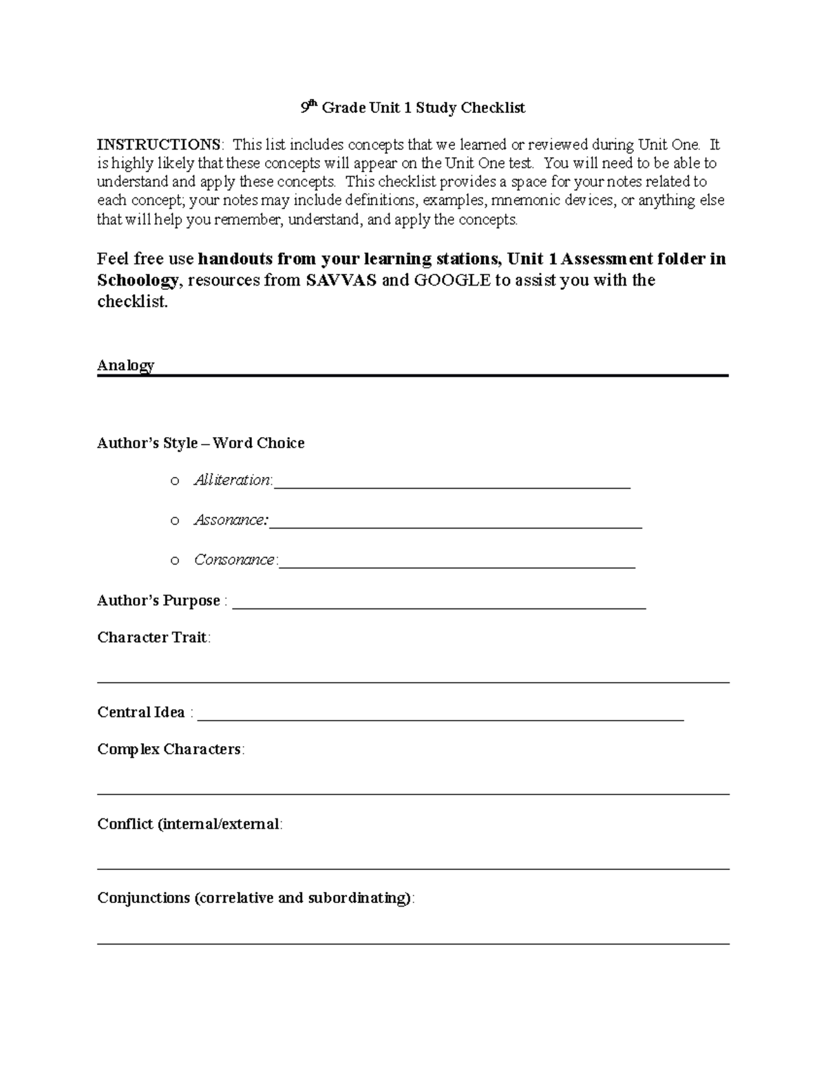 9th Grade Study Checklist - 9 th Grade Unit 1 Study Checklist ...