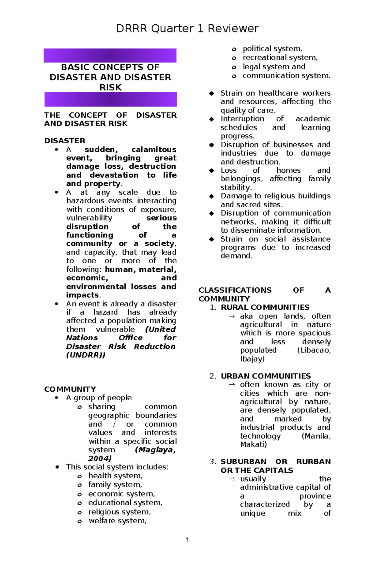 DRRR Q1 Reviewer - BASIC CONCEPTS OF DISASTER AND DISASTER RISK THE ...