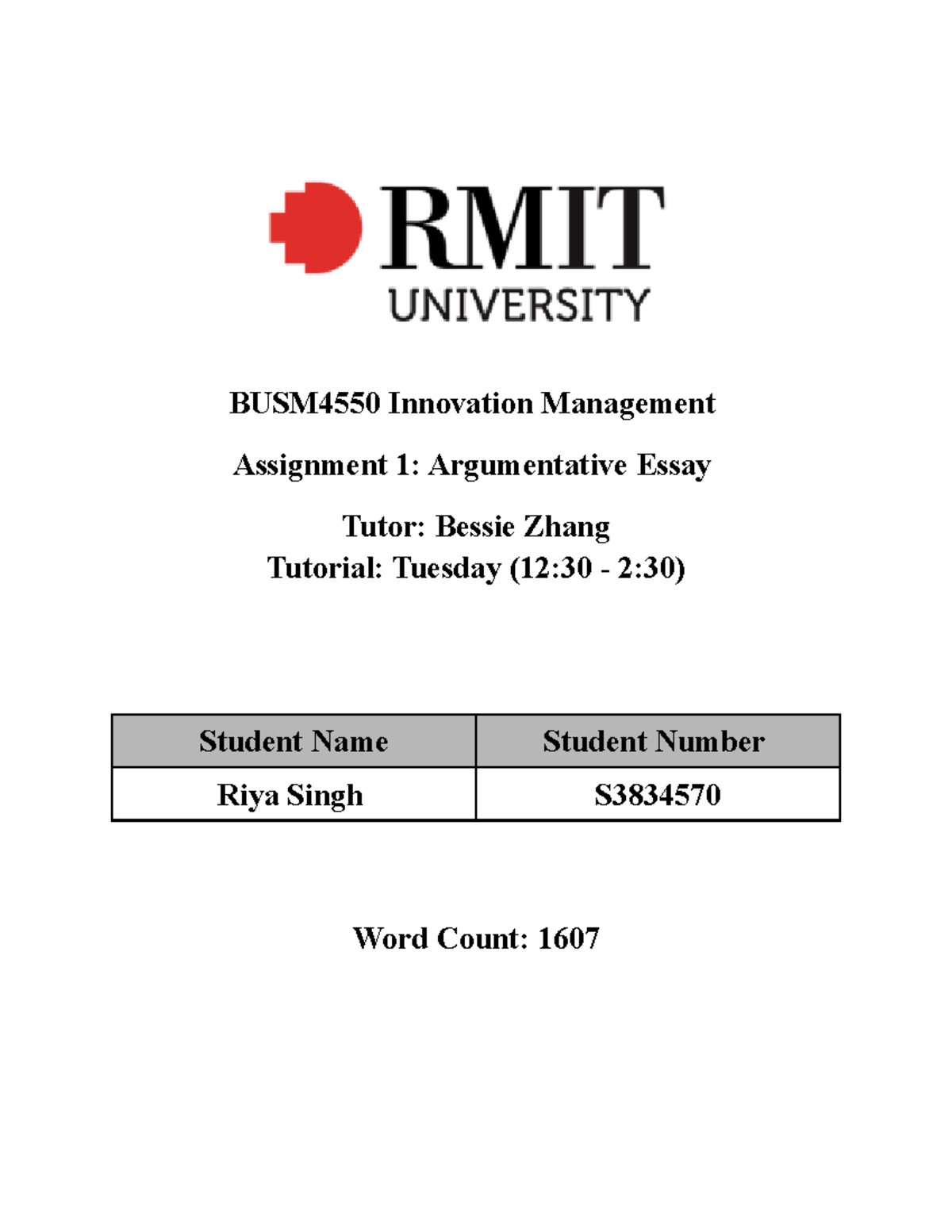 S3834570 Assignment 1 Innovation Management - BUSM4550 Innovation ...