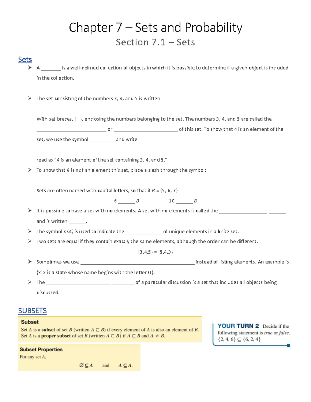 Section 7.1 - Sets - Chapter 7 – Sets and Probability Section 7 – Sets ...