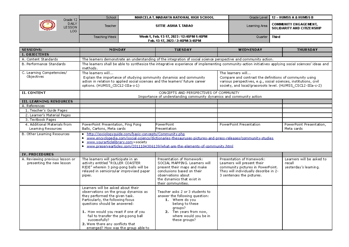 Feb 13-17, 2023 Community Engagement - Grade 12 DAILY LESSON LOG School ...