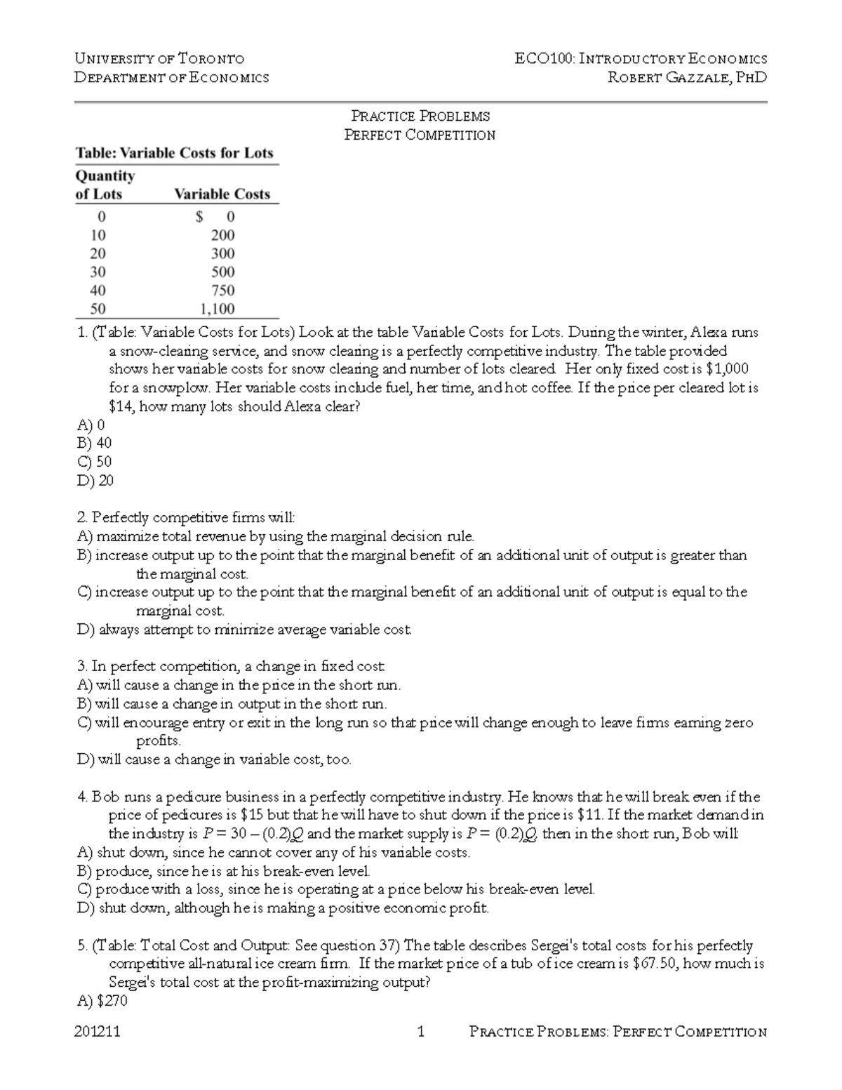 ECO101 - Perfect Competition Practice Problems (MCQ) - DEPARTMENT OF ...