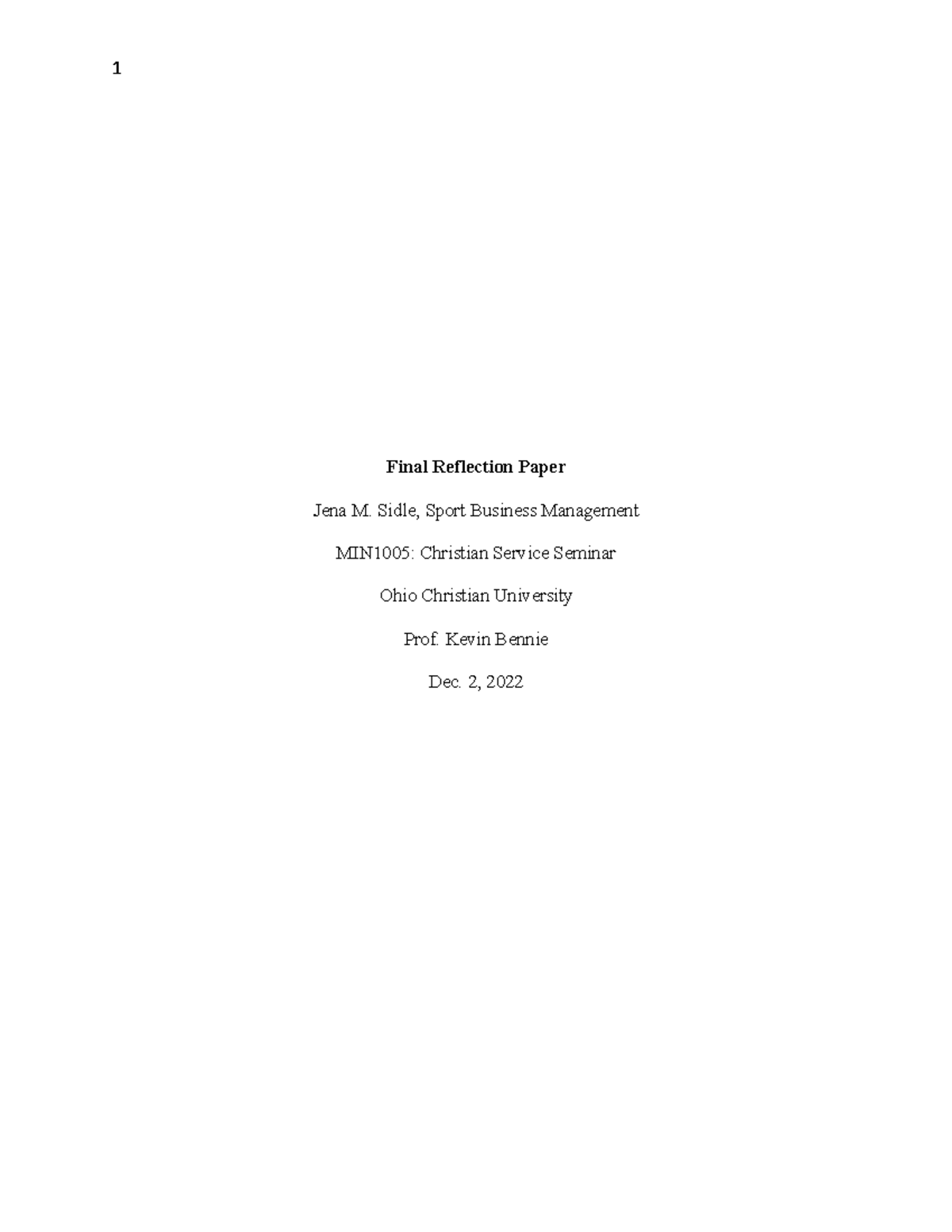 Christian Seminar Final Reflection Paper - Final Reflection Paper Jena ...