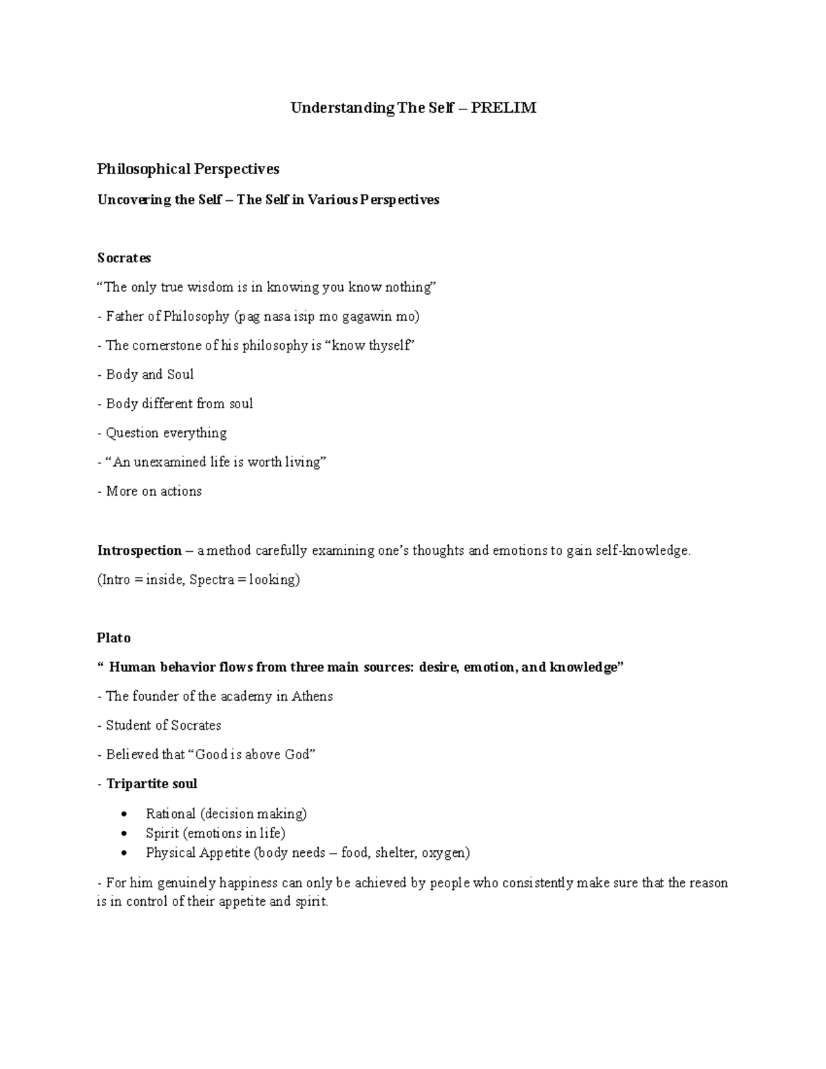 UTS - Prelim Reviewer - Understanding The Self – PRELIM Philosophical ...