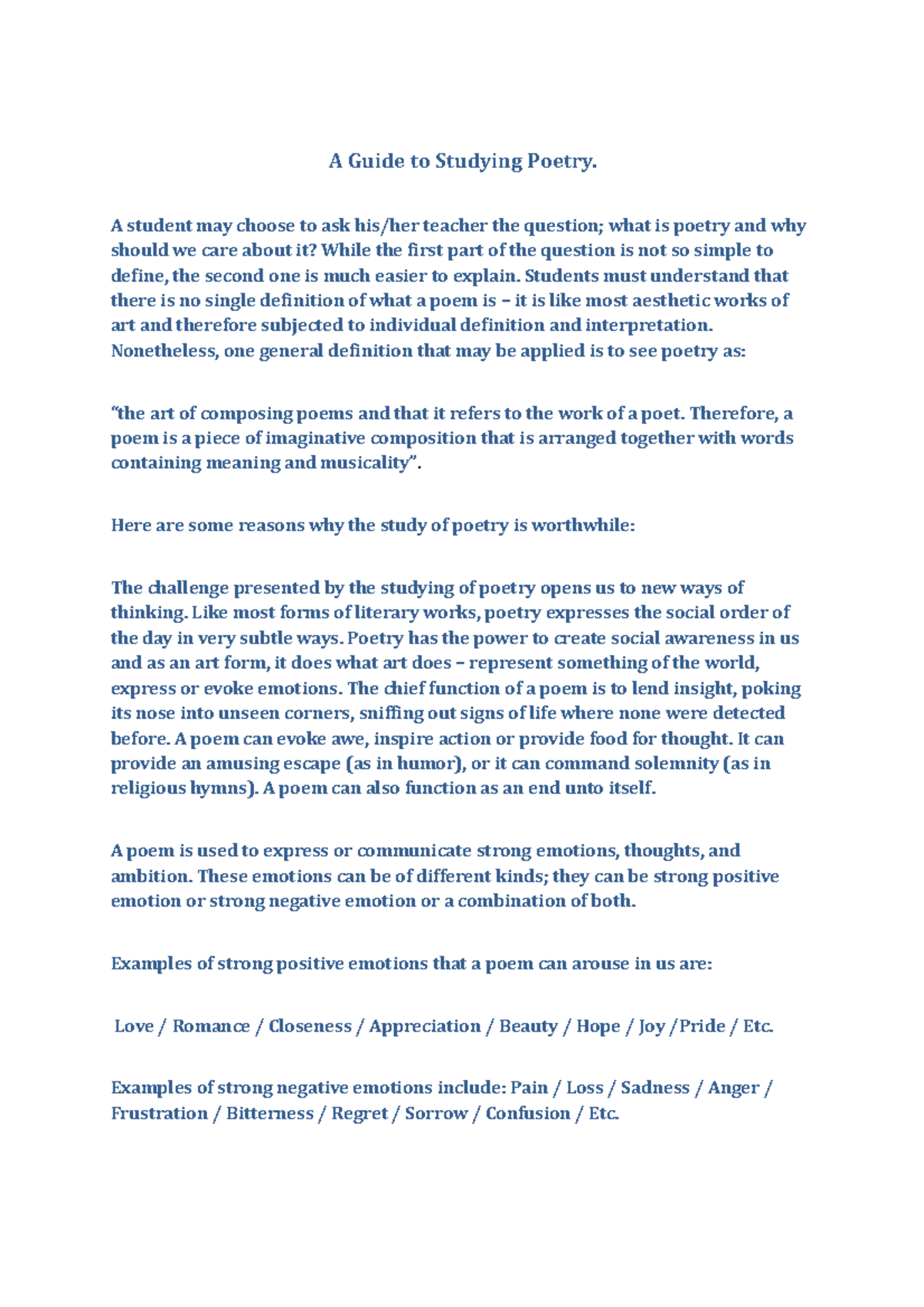 A Guide to Studying Poetry - A student may choose to ask his/her ...