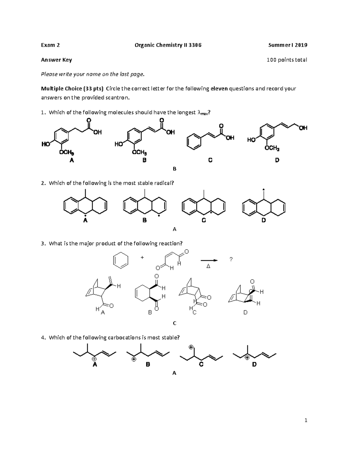 Older Exam 2 Answer Key - Exam 2 Organic Chemistry II 3306 Summer I ...