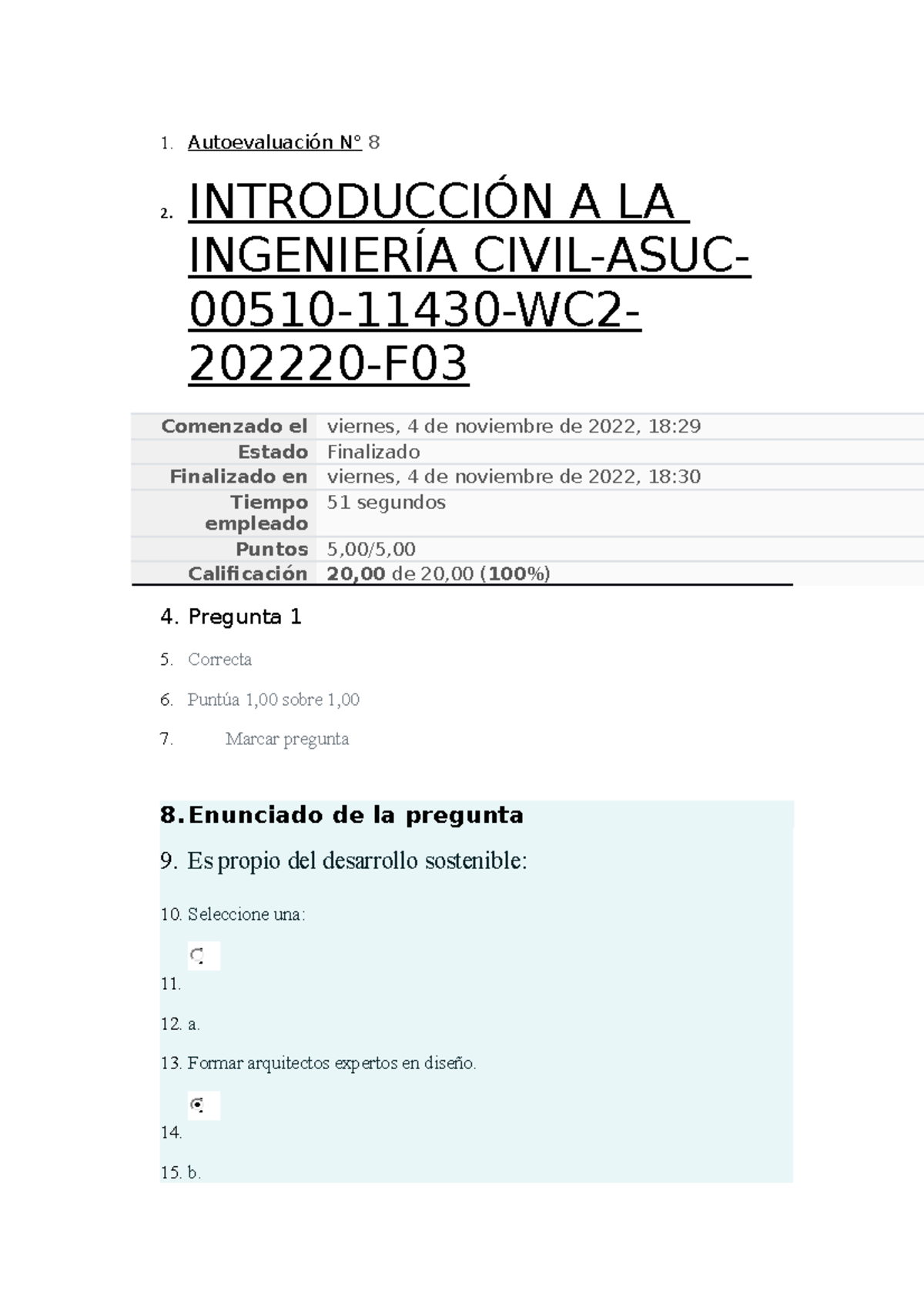 Autoevaluación Nº 8 intr. a la ing. civil - 1. Autoevaluación N° 8 2. INTRODUCCIÓN A LA ...