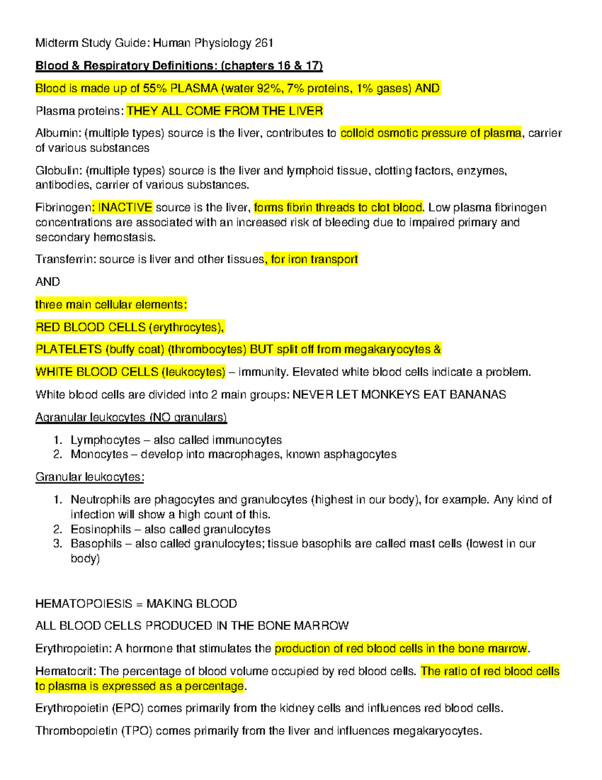 Physio Midterm Study Guide - Midterm Study Guide: Human Physiology 261 Blood & Respiratory - Studocu