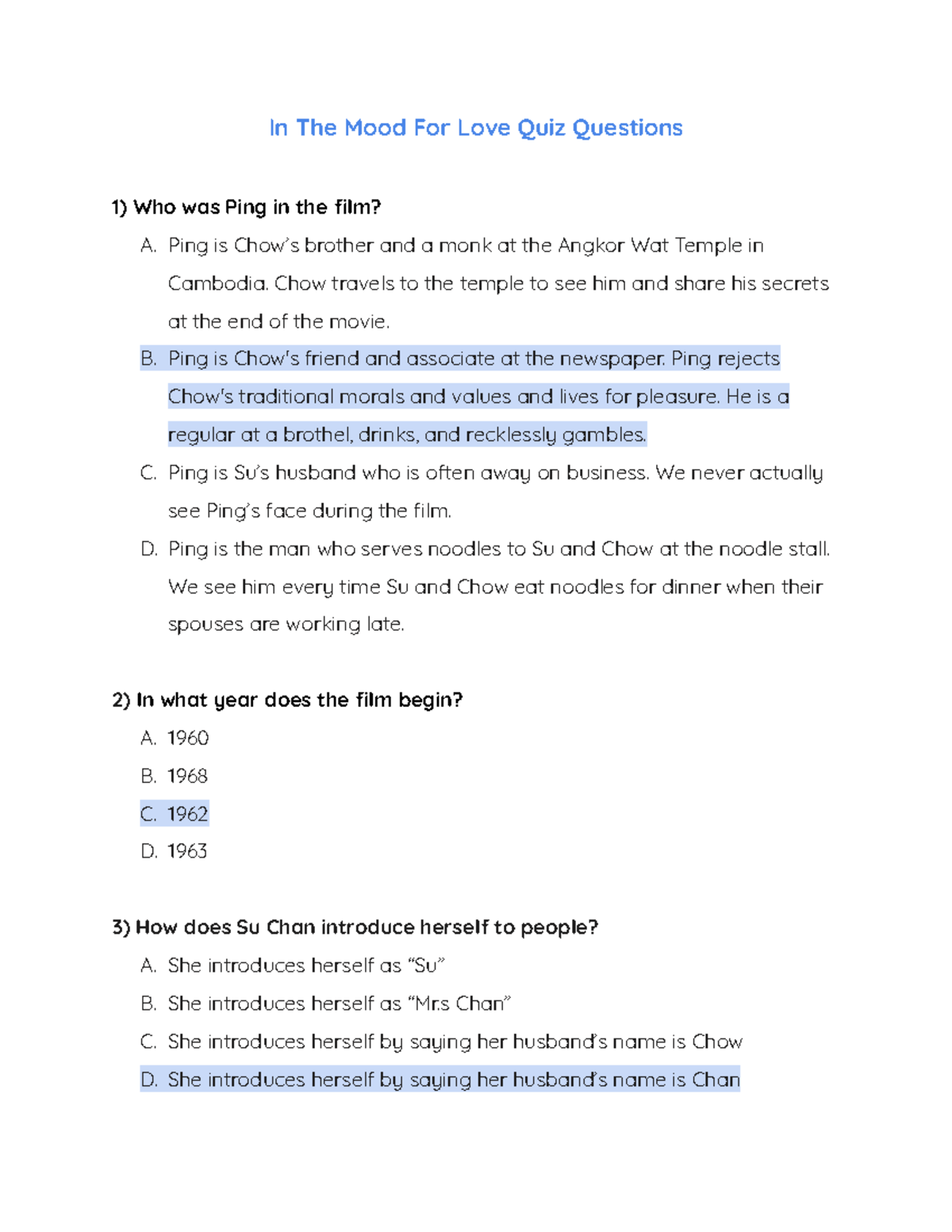 In The Mood For Love Quiz Questions - Answered - In The Mood For Love ...