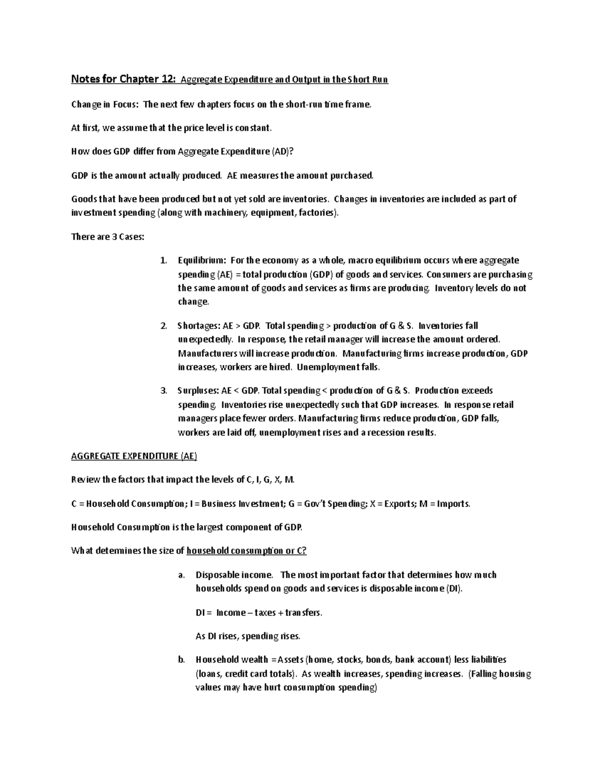 EC322 Notes Chapter 12 - Notes for Chapter 12: Aggregate Expenditure ...