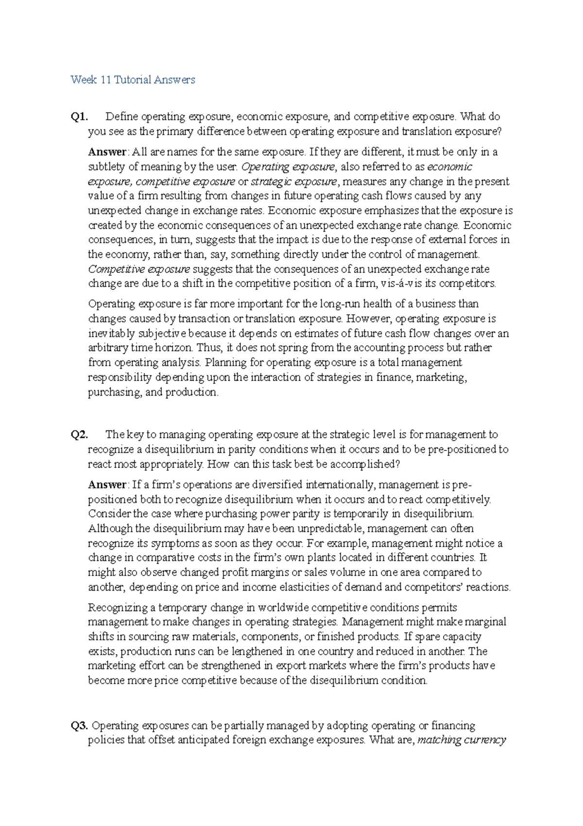 Week 11 Word Solutions - international finance tutorial - Week 11 Tutorial Answers Q1. Define ...