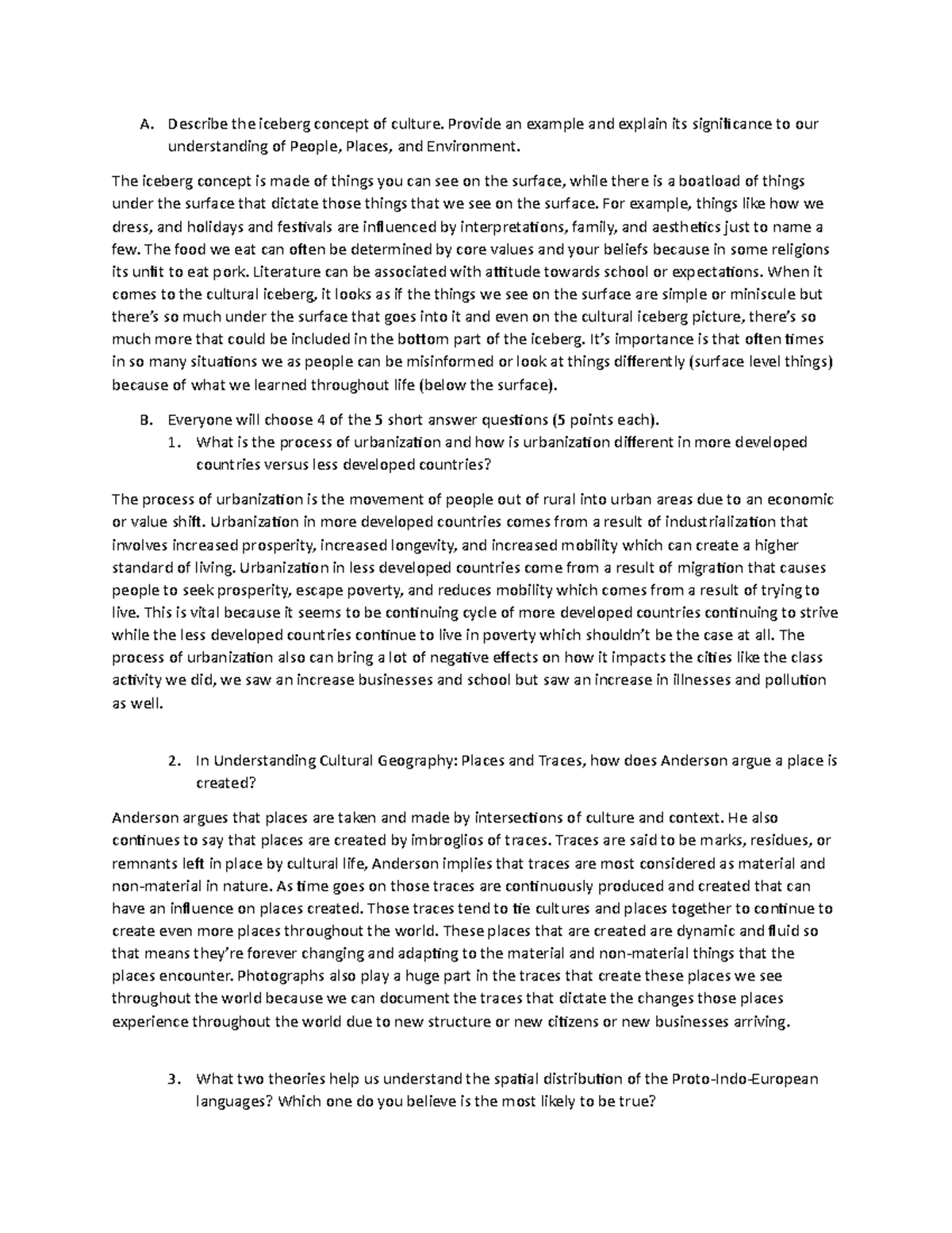 Gy 110 Midterm - A. Describe the iceberg concept of culture. Provide an ...