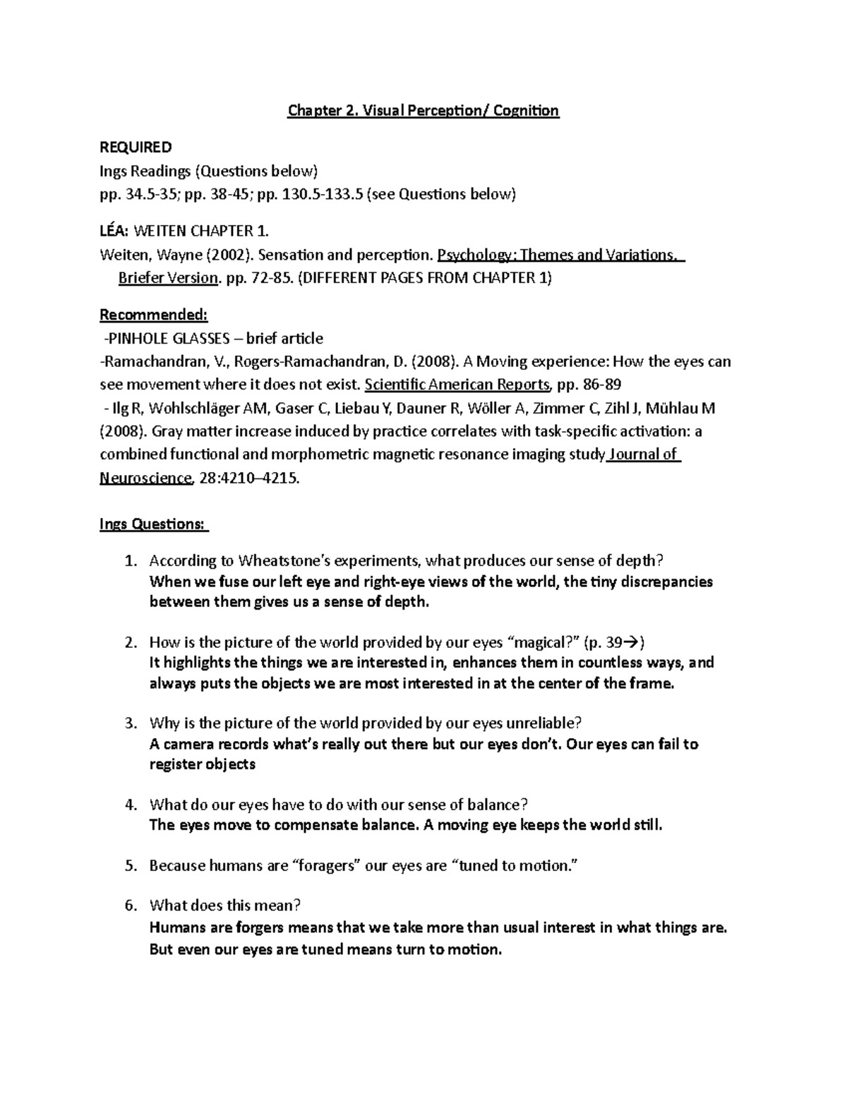 Key terms chapter 2 - notes - Chapter 2. Visual Perception/ Cognition ...