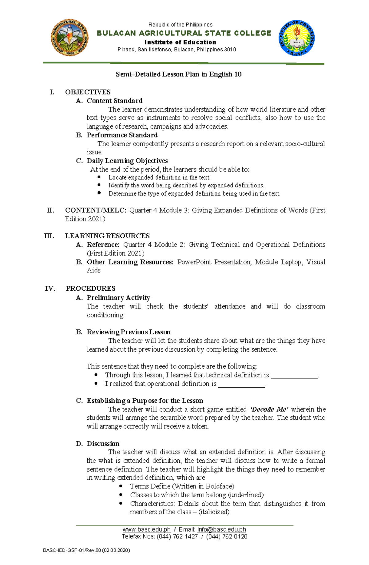 SDLP Quarter 4 Module 2 - BULACAN AGRICULTURAL STATE COLLEGE Institute ...