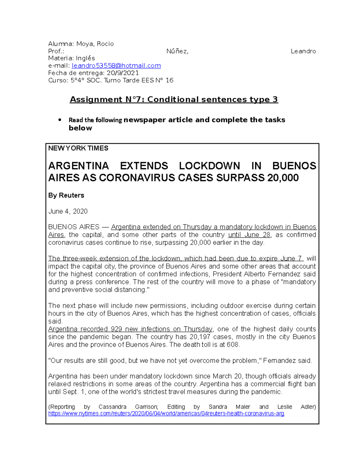 7) Assignment 7 - Conditional sentences type 3 - 5°4° Soc. Turno Tarde EES N° 16 - Prof. Núñez ...