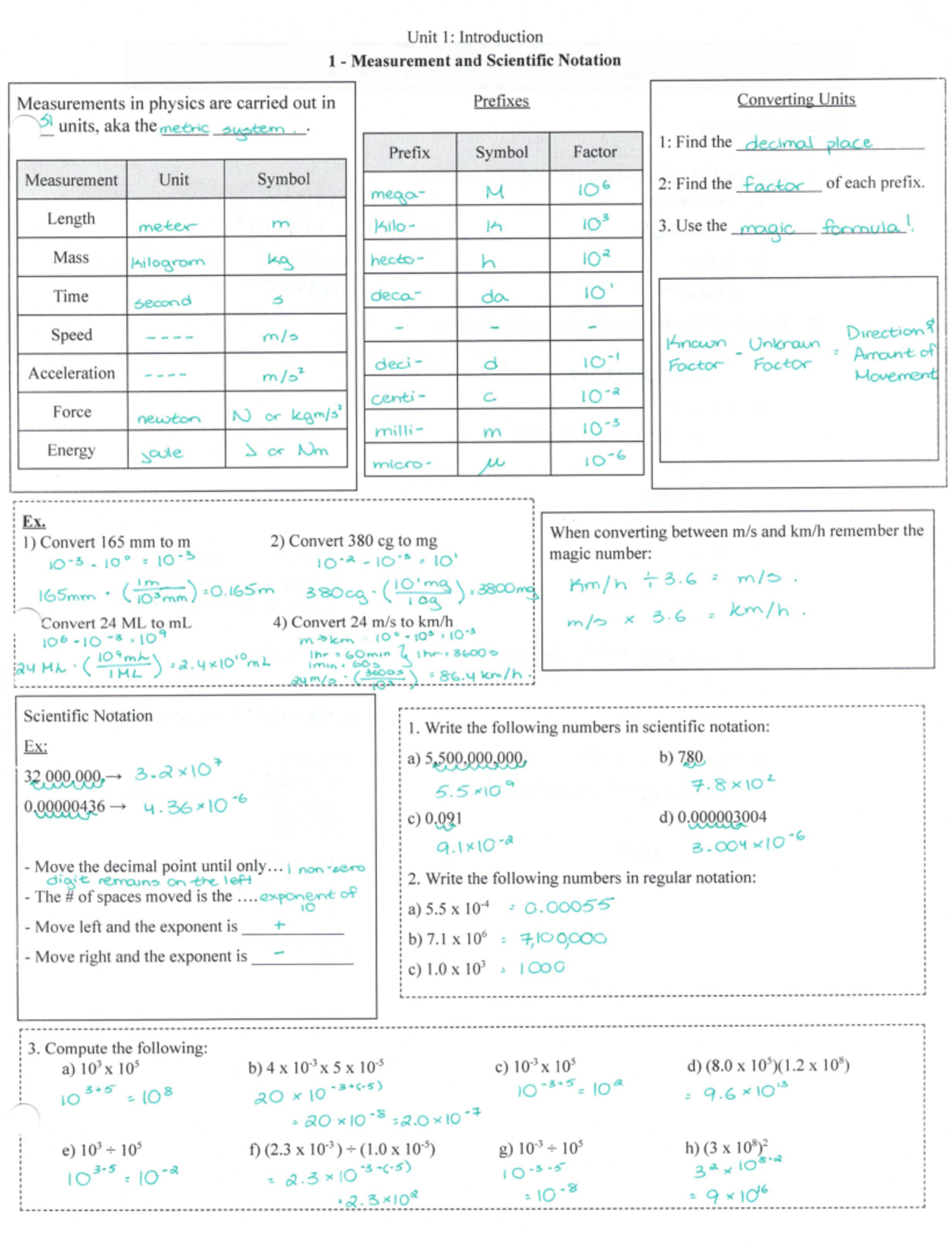 1 - Measurement and Scientific Notation Completed Notes - Unit 1 ...