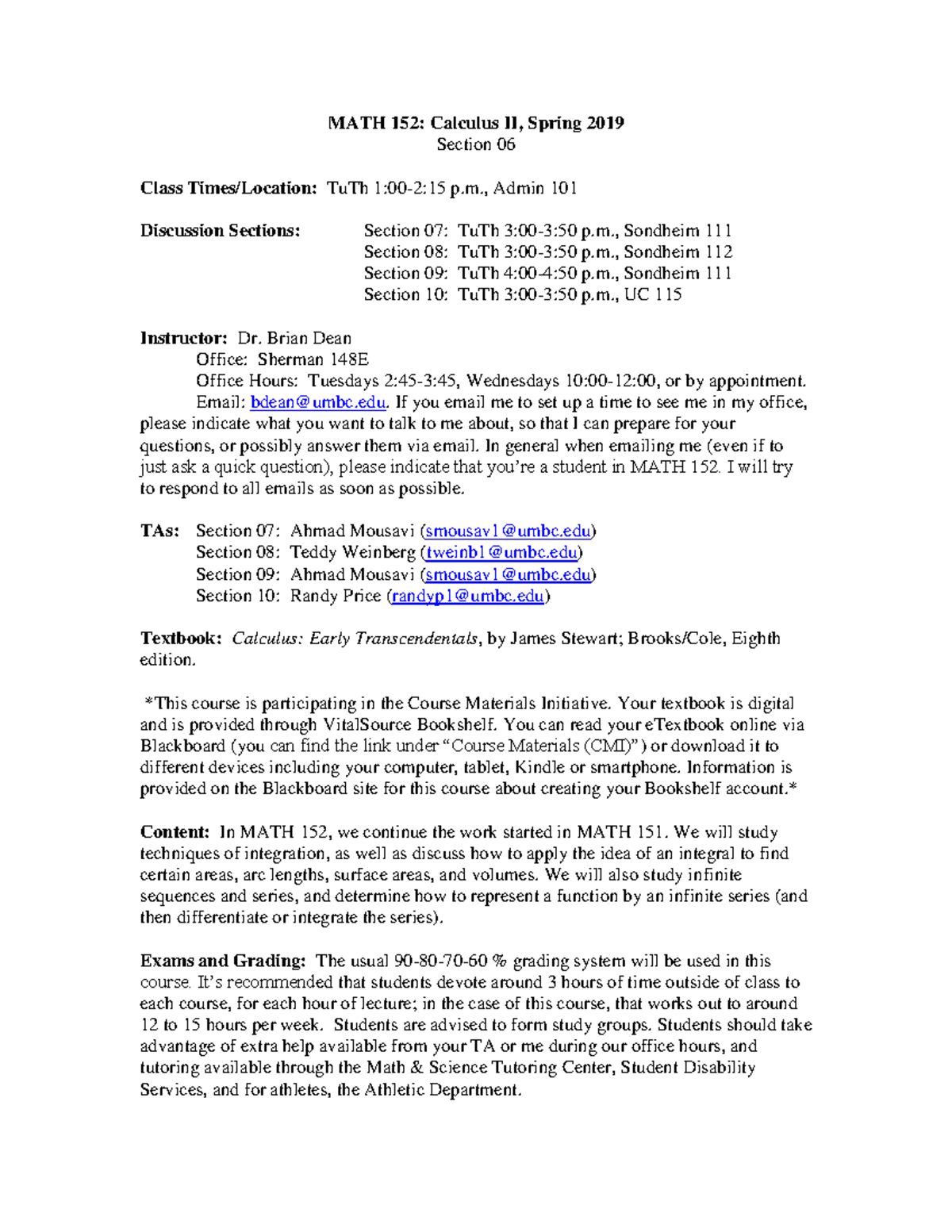 152syllabus - MATH 152: Calculus II, Spring 2019 Section 06 Class Times ...