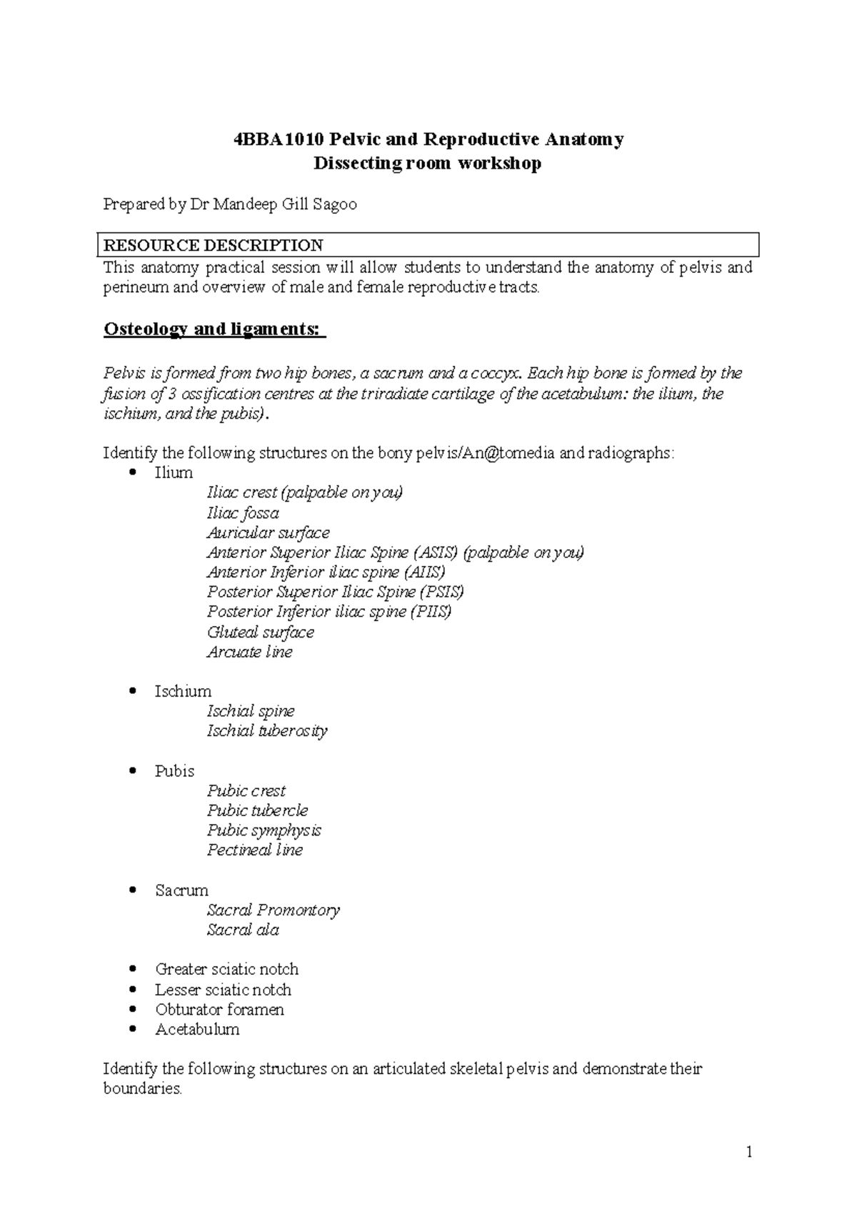 4BBA1010 Pelvis and Reproductive Anatomy DR handout - 4BBA1010 Pelvic ...