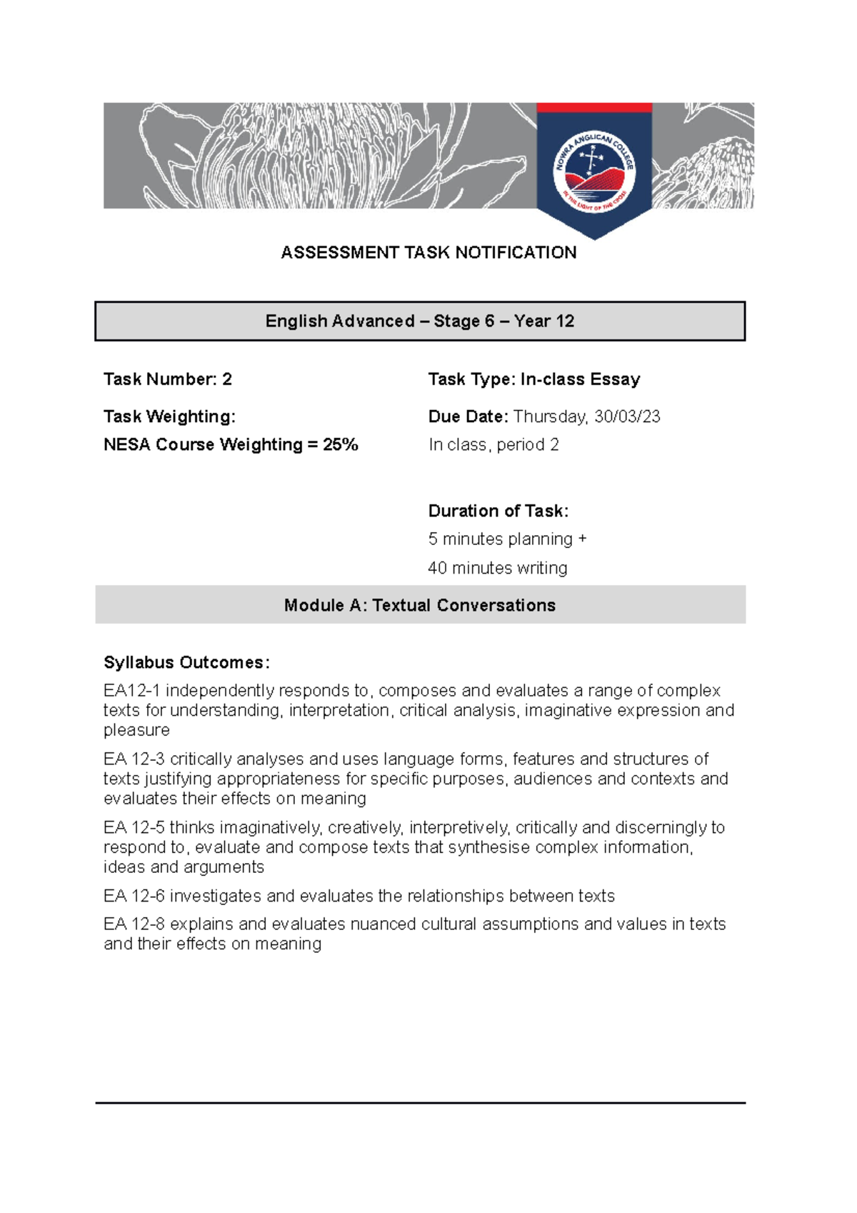 12ADV AT2 2023 - Notes/Task - ASSESSMENT TASK NOTIFICATION English ...