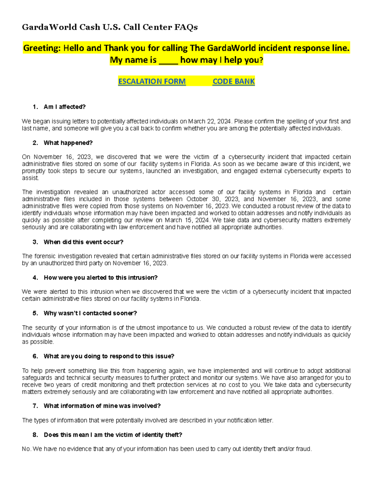 Garda World English FAQs - GardaWorld Cash U. Call Center FAQs Greeting ...