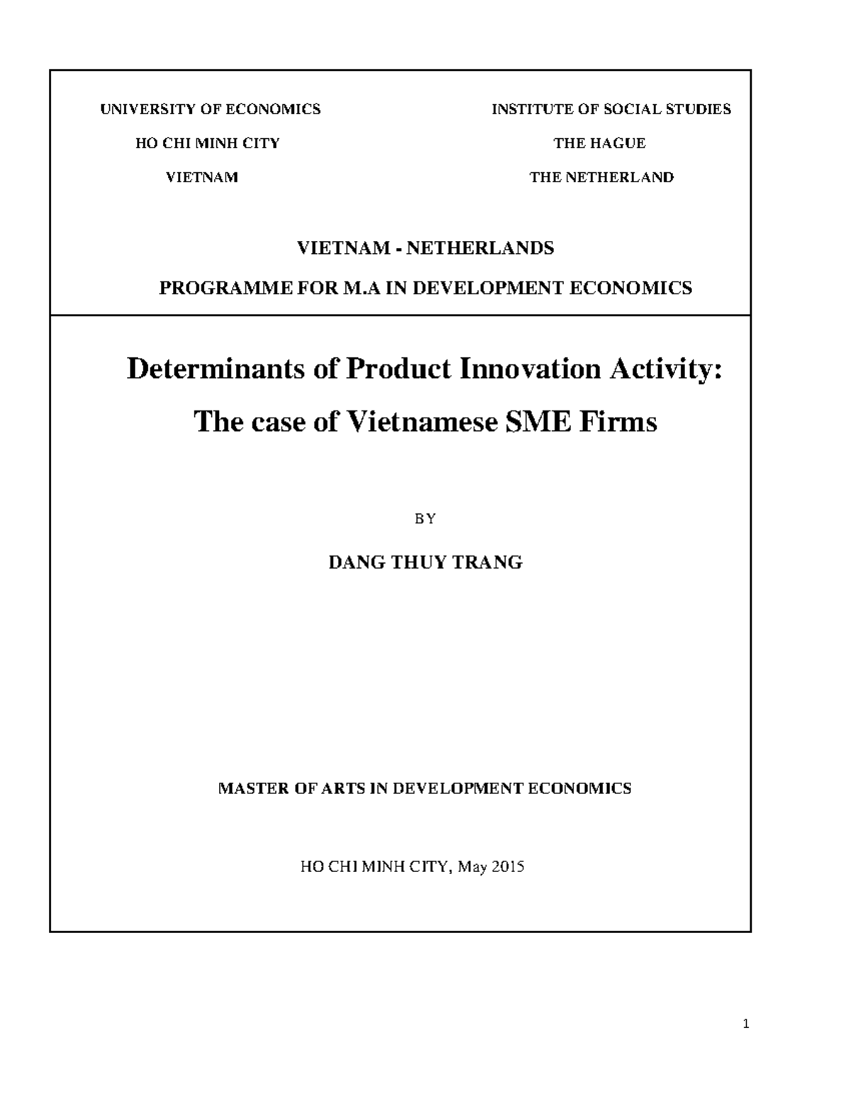 VIETNAM - NETHERLANDS PROGRAMME FOR M.A IN DEVELOPMENT ECONOMICS ...