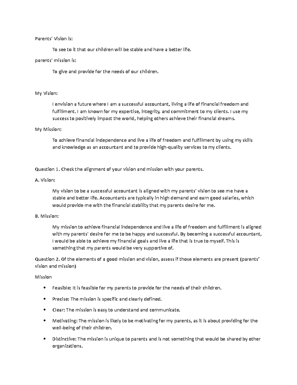 Strat assignment - visions mission - Parents' Vision is: To see to it ...